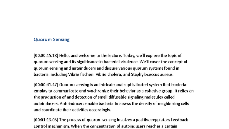 Quorum Sensing Mechanisms in Bacterial Virulence: MCB4203 Lecture Notes ...