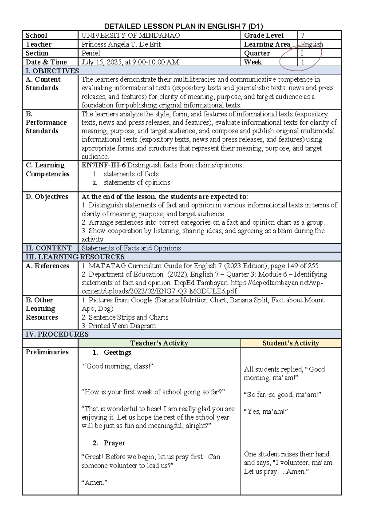DETAILED LESSON PLAN FOR ENGLISH 7 (D1) ON FACTS AND OPINIONS - Studocu