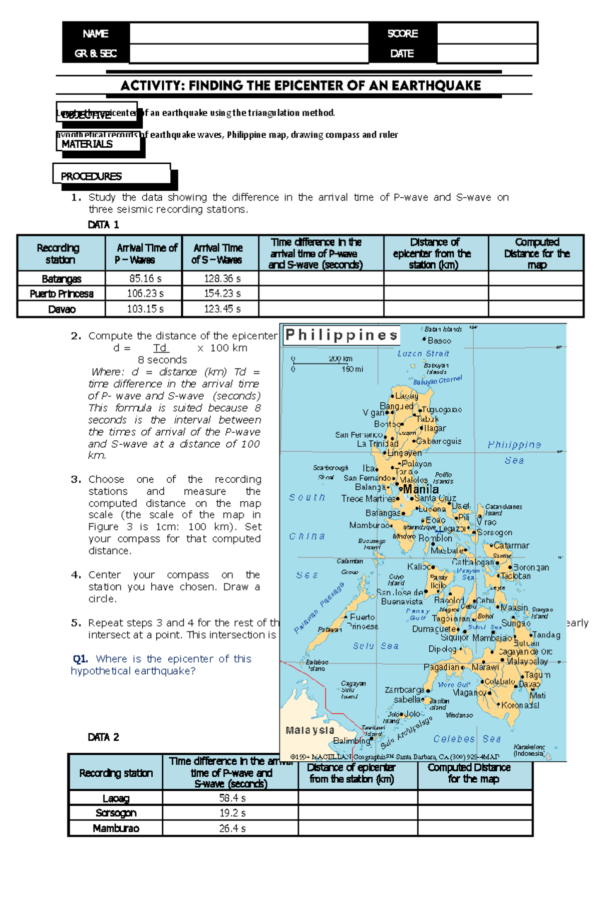 Earthquake Epicenter Determination Using Triangulation Method - Studocu