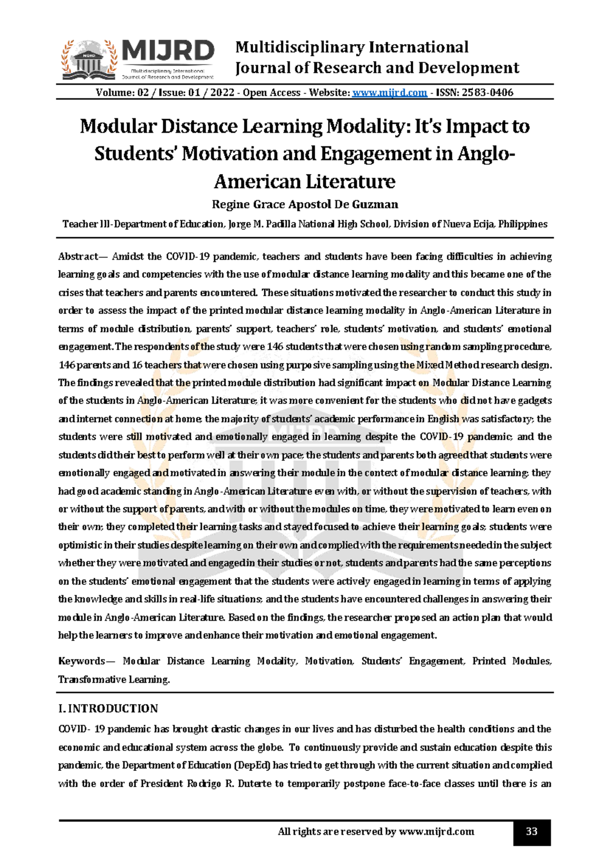 Mijrdv 2I10004 - Impact of Modular Learning on Motivation in Literature ...