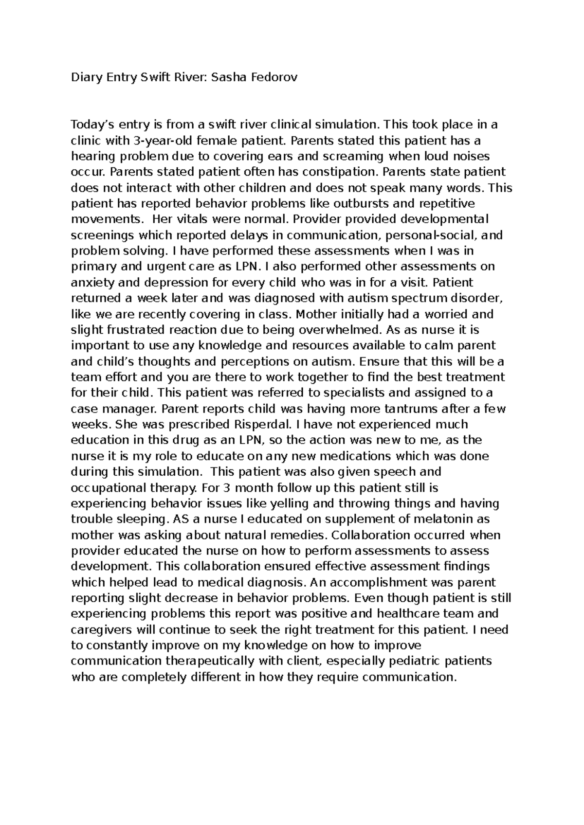 Diary Entry: Clinical Simulation of Autism Spectrum Disorder (NUR 101 ...