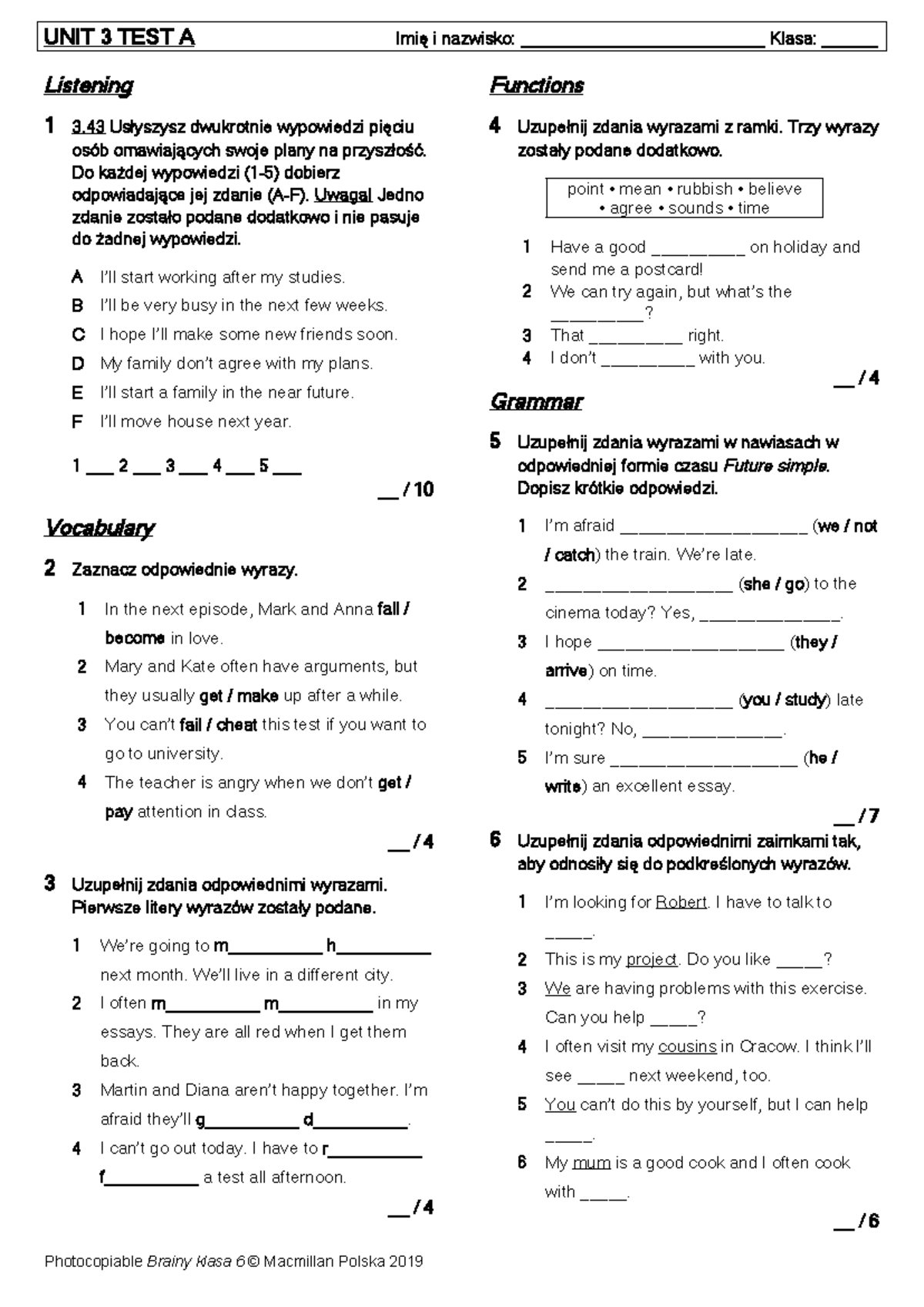638681192 Brainy KL6 Unit Test 3A - Listening, Vocabulary & Grammar ...