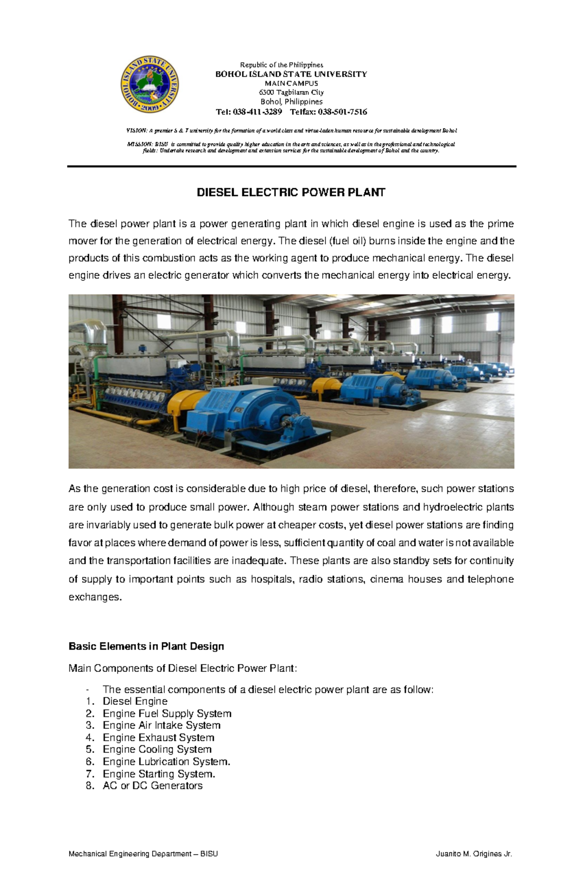 Diesel Electric Power Plant Overview and Key Components Analysis - Studocu