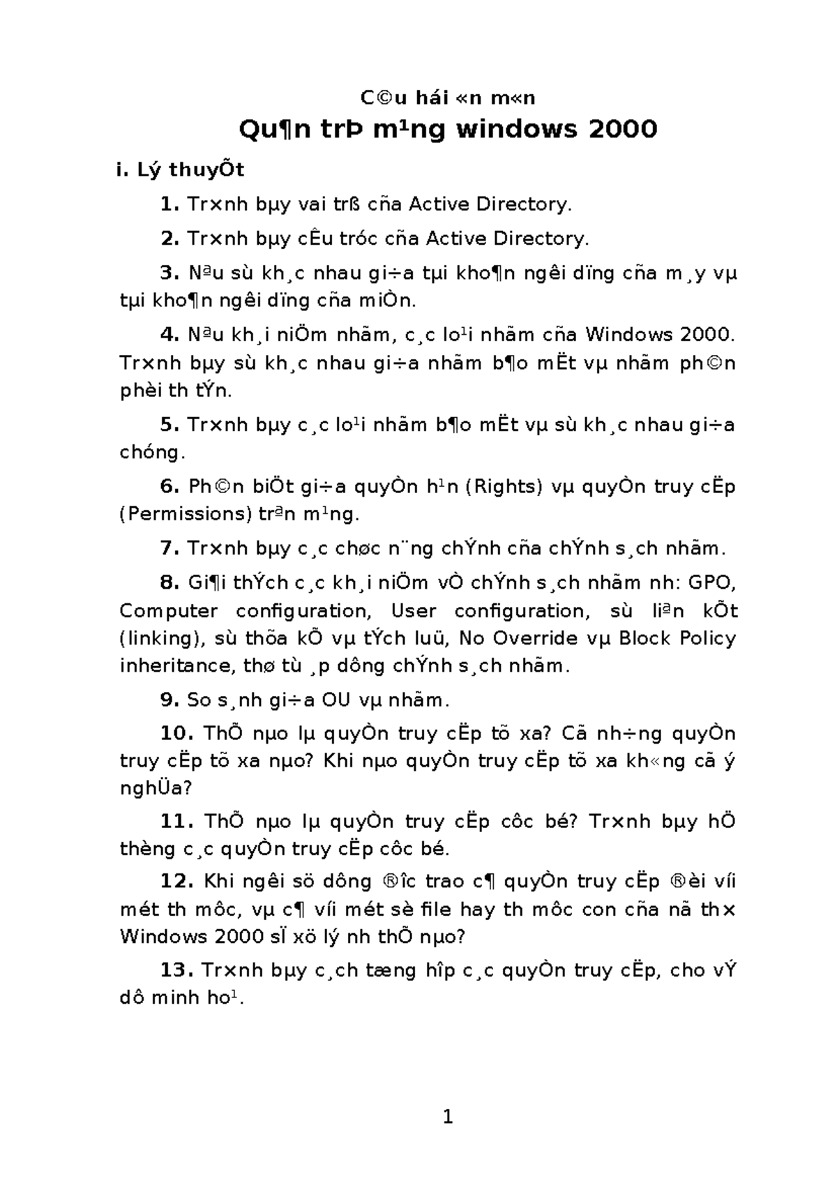 Tailieuxanh on tap win2000 8575 - C©u hái «n m«n Qu¶n trÞ m¹ng windows 2000 i. Lý thuyÕt 1. Tr× ...