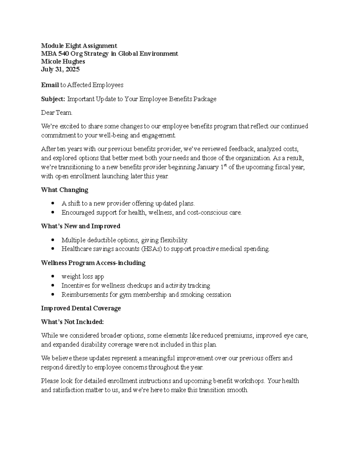 MBA 540 Week 8 Assignment: Employee Benefits Update Email - Studocu