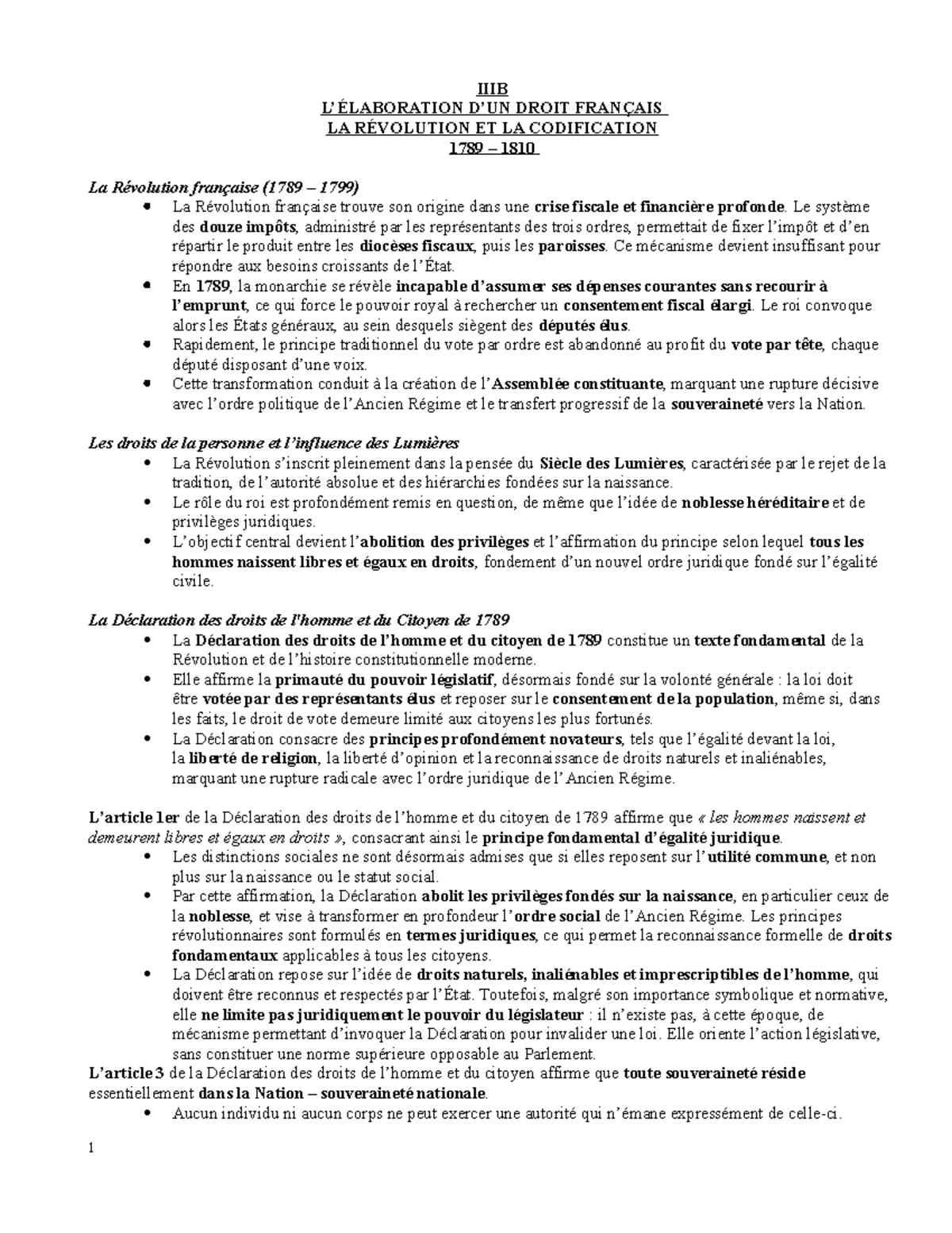 DROIT FRANÇAIS : LA RÉVOLUTION ET LA CODIFICATION (1789-1810) - Notes ...
