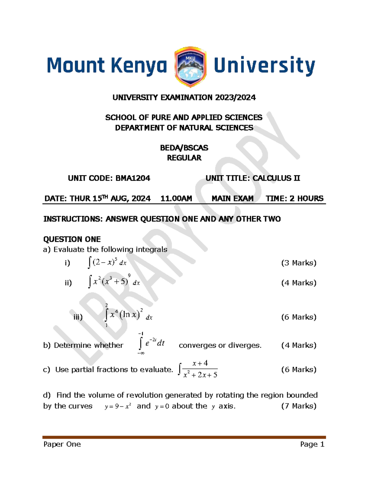 BMA1204 Calculus II Regular Exam Questions and Solutions - Studocu