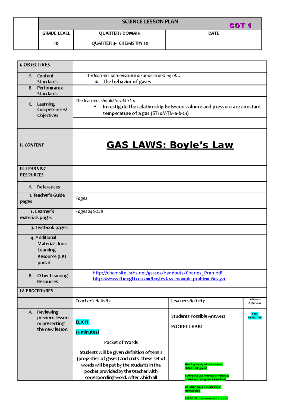 COT 10 Chemistry 10: 4th Quarter Lesson Plan on Boyle's Law - Studocu