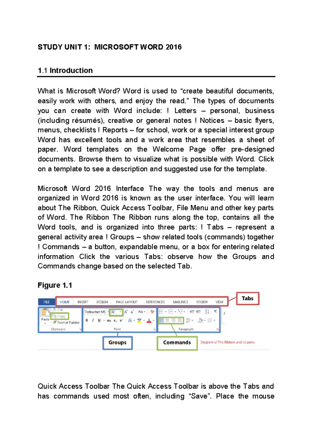 Microsoft Word 2016 Study Unit 1: Overview and Features Guide - Studocu
