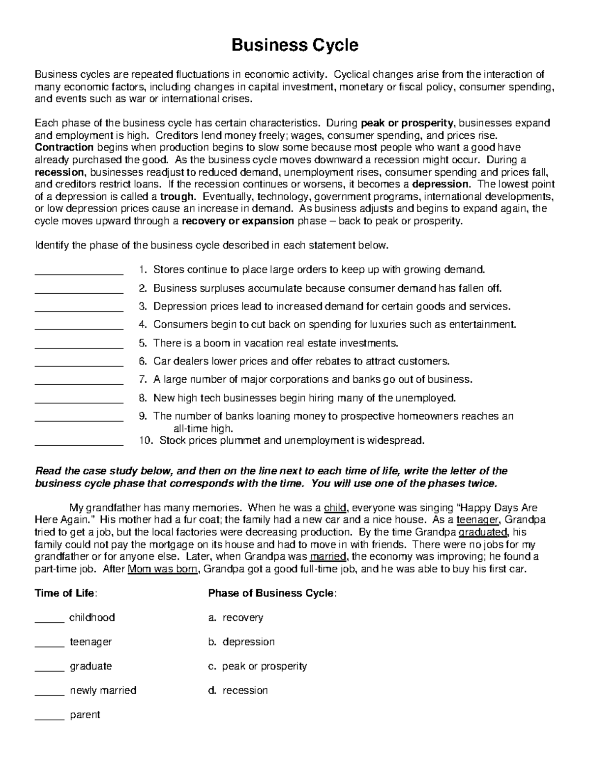 Economics Worksheet: Understanding the Business Cycle - Studocu
