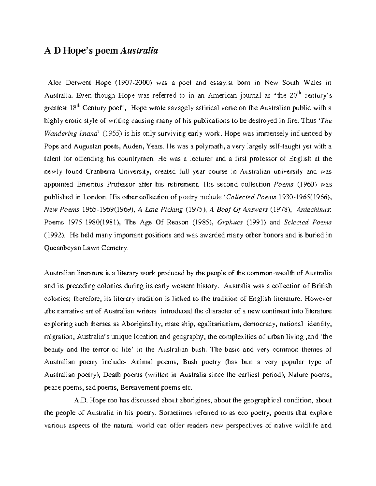 A.D. Hope's "Australia": A Critical Analysis of Themes and Imagery ...