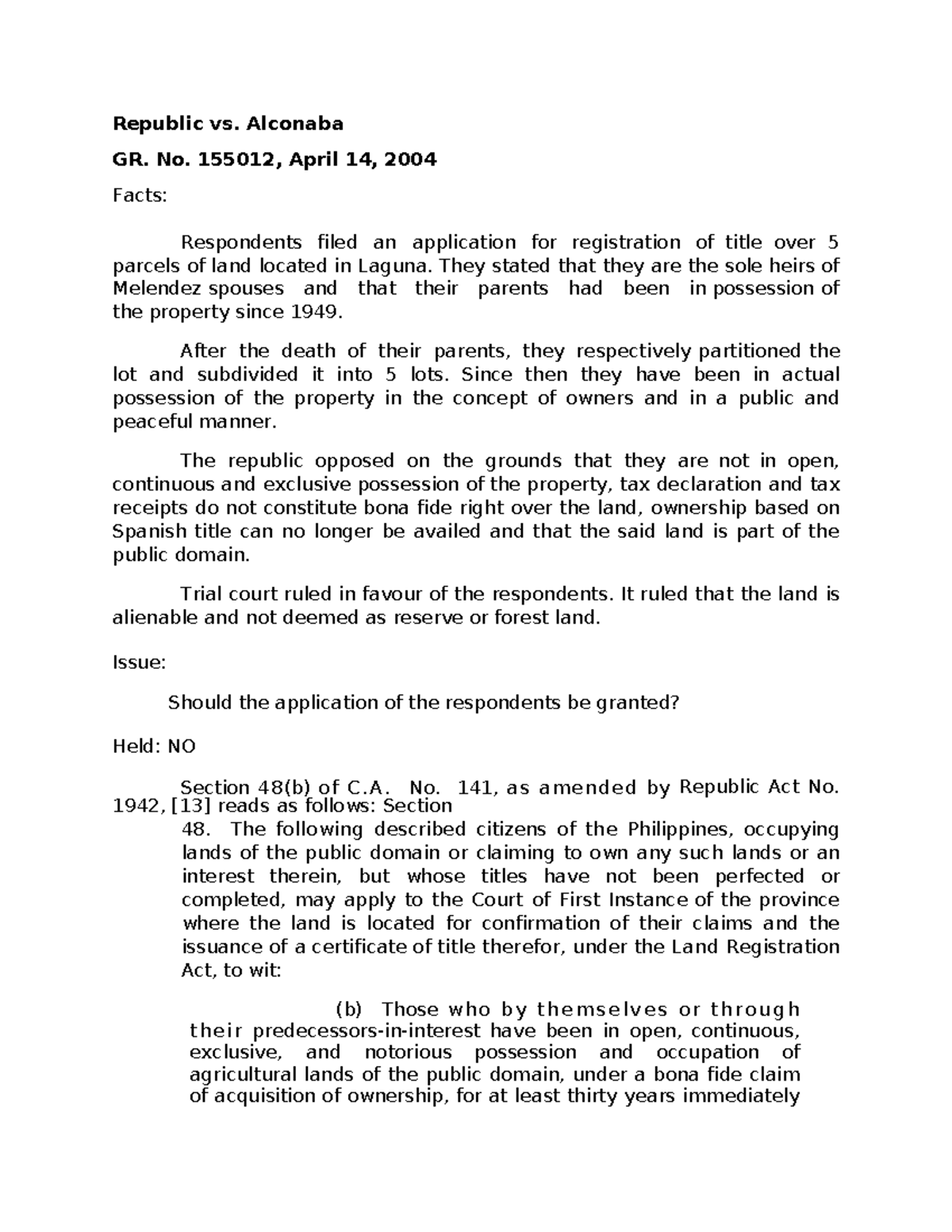 Republic vs. Alconaba GR No. 155012: Land Registration Case Analysis ...