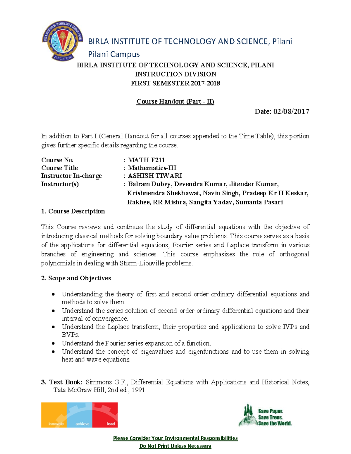 MATH F211: Differential Equations Course Handout (Part II) - Studocu