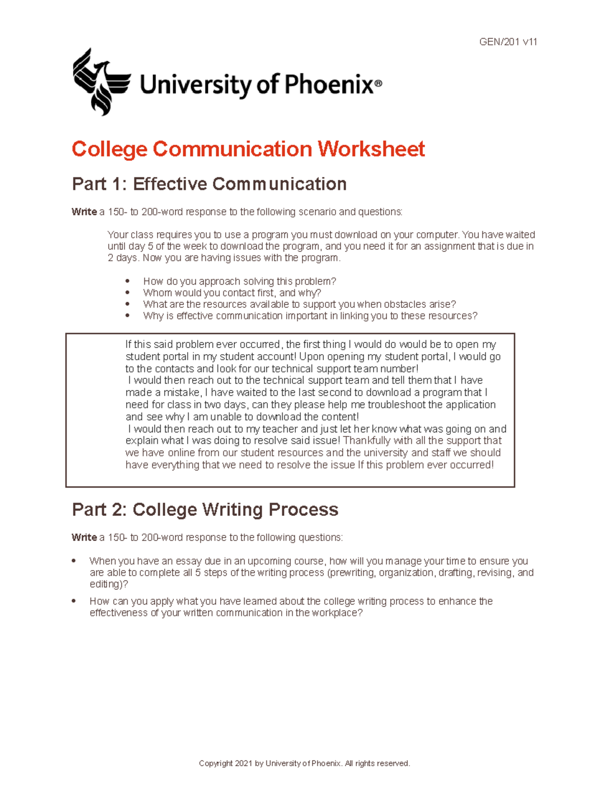 Worksheet - GEN/201 v College Communication Worksheet Part 1: Effective ...