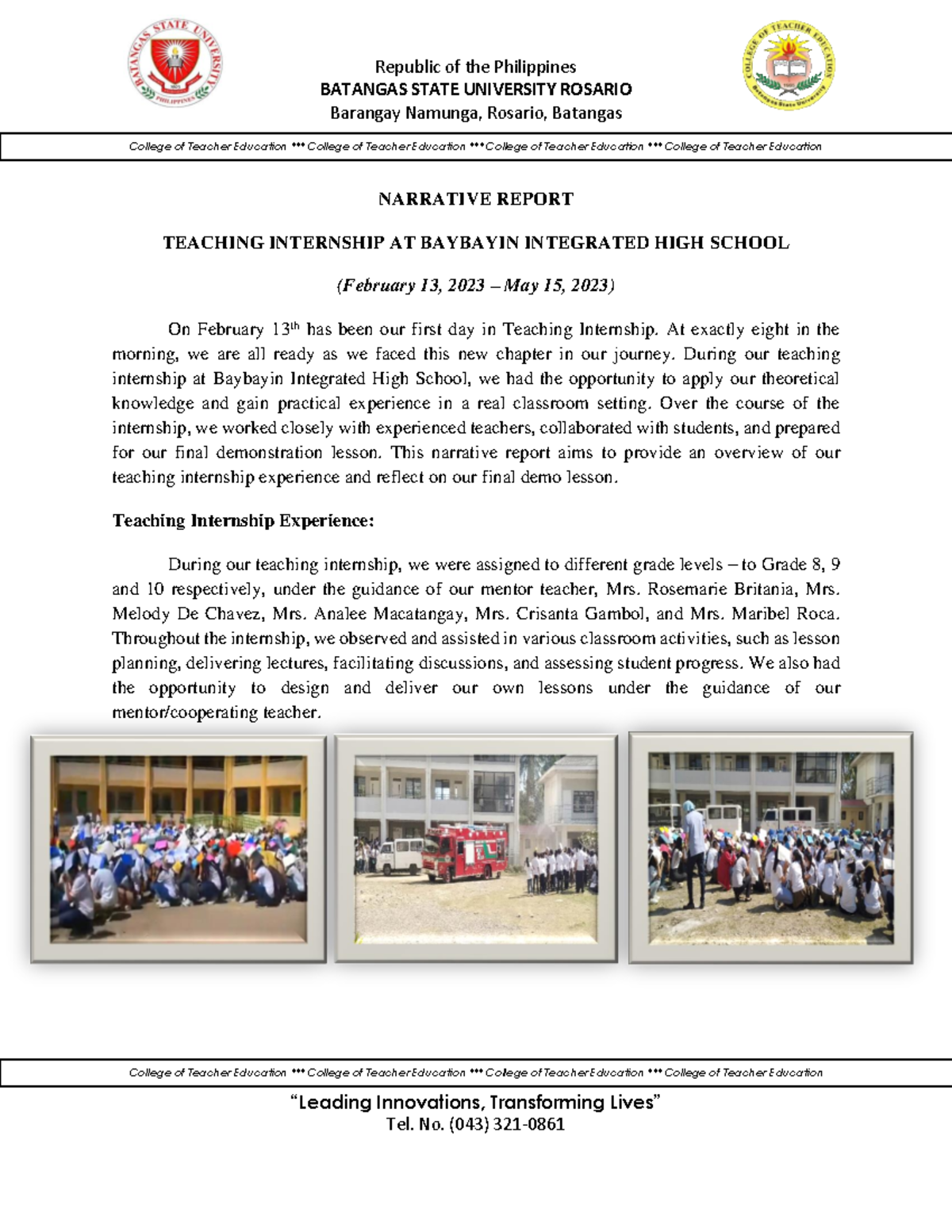 Teaching Internship Narrative Report (BSED ENGLISH) - Baybayin High ...