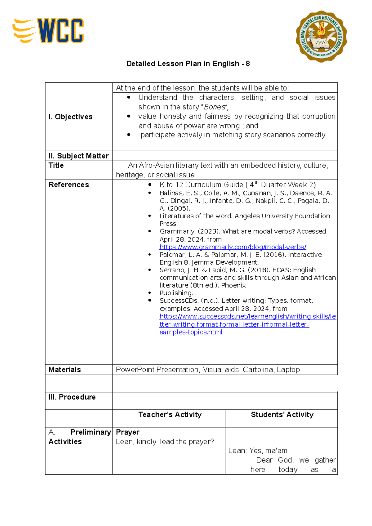 Detailed Lesson Plan for English 8: Social Issues in Literature (WEEK 1 ...