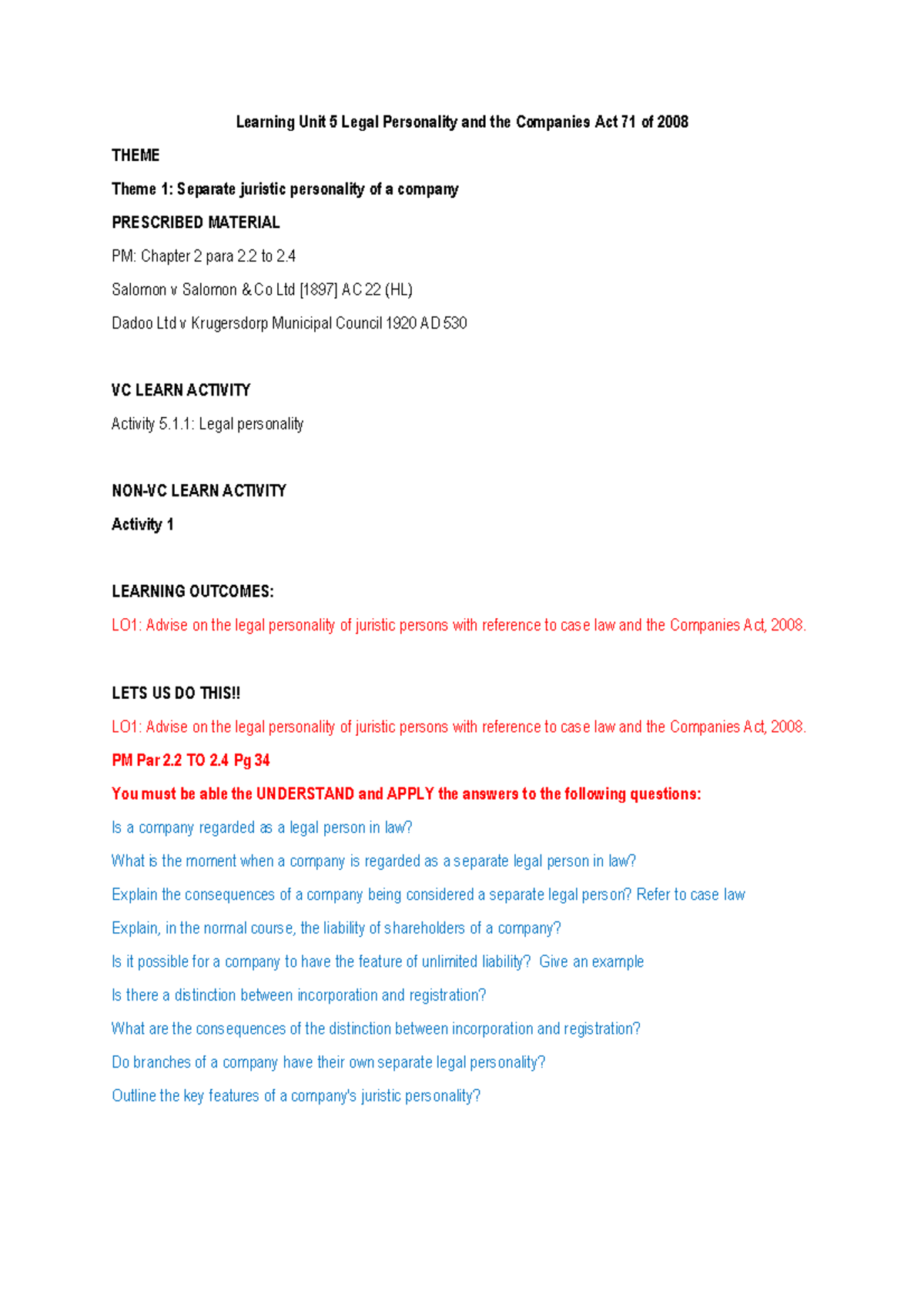 LU5 Theme 1: Juristic Personality & Companies Act 71 of 2008 Analysis ...