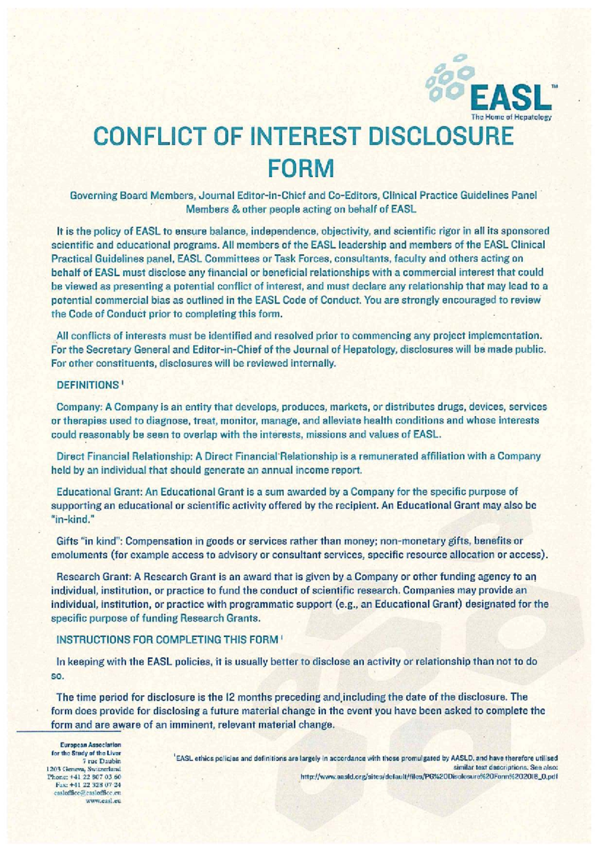 EASL 2023 Conflict of Interest Disclosure Form for Board Members - Studocu