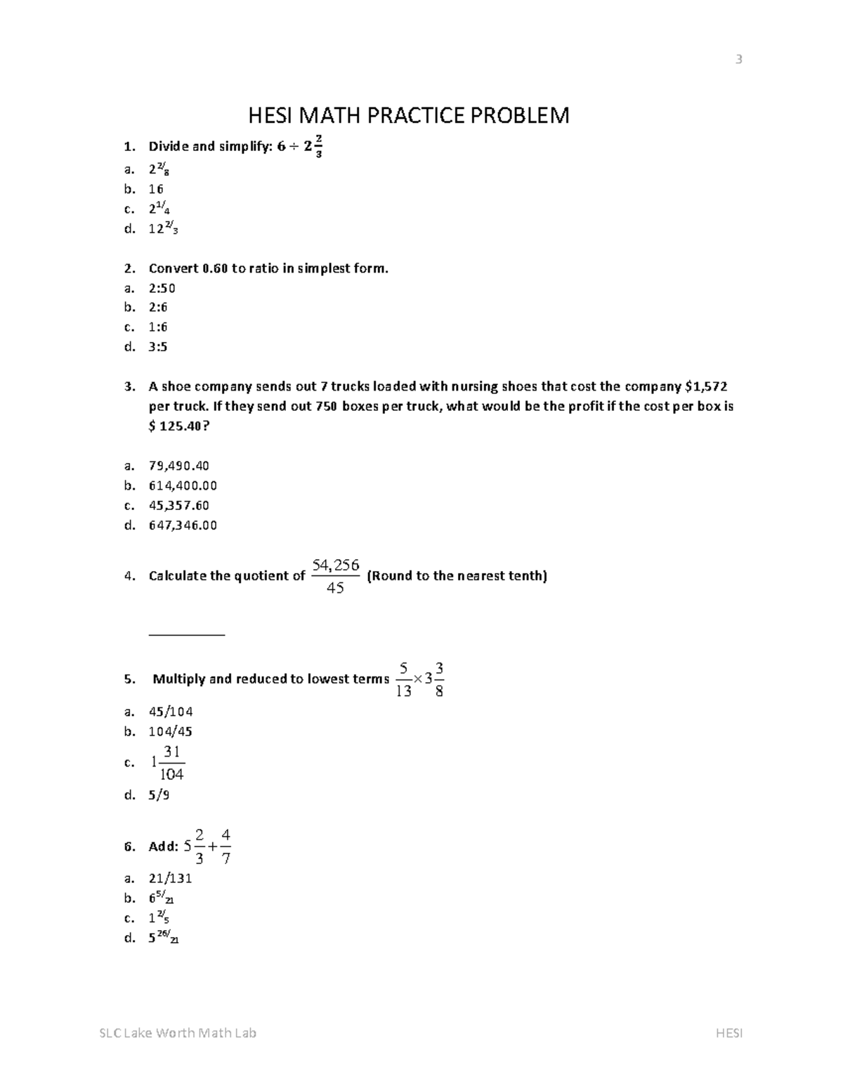 HESI Math Practice Test 4 with Answers - SLC Lake Worth Math Lab - Studocu