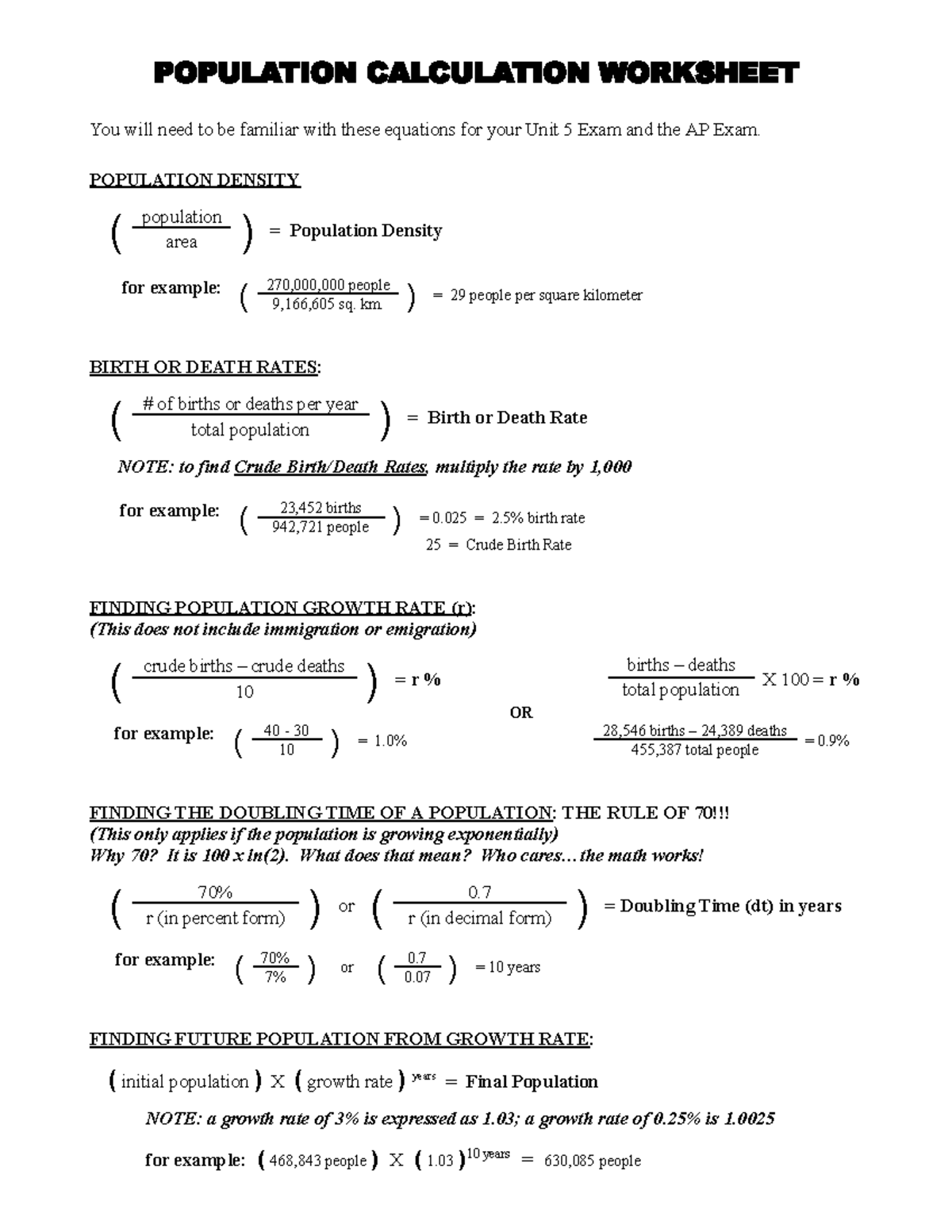 Population Calculation Formulas for Unit 5 Exam Preparation - Studocu