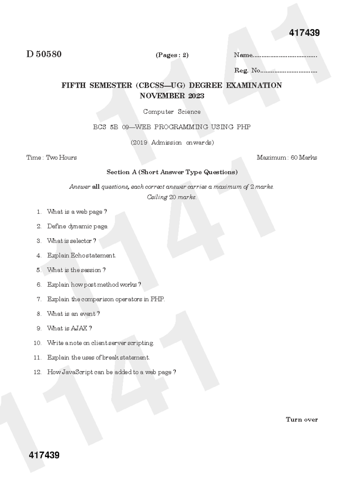 BCS 5B Programming Using PHP - Previous Year QP (Nov 2023) - Studocu