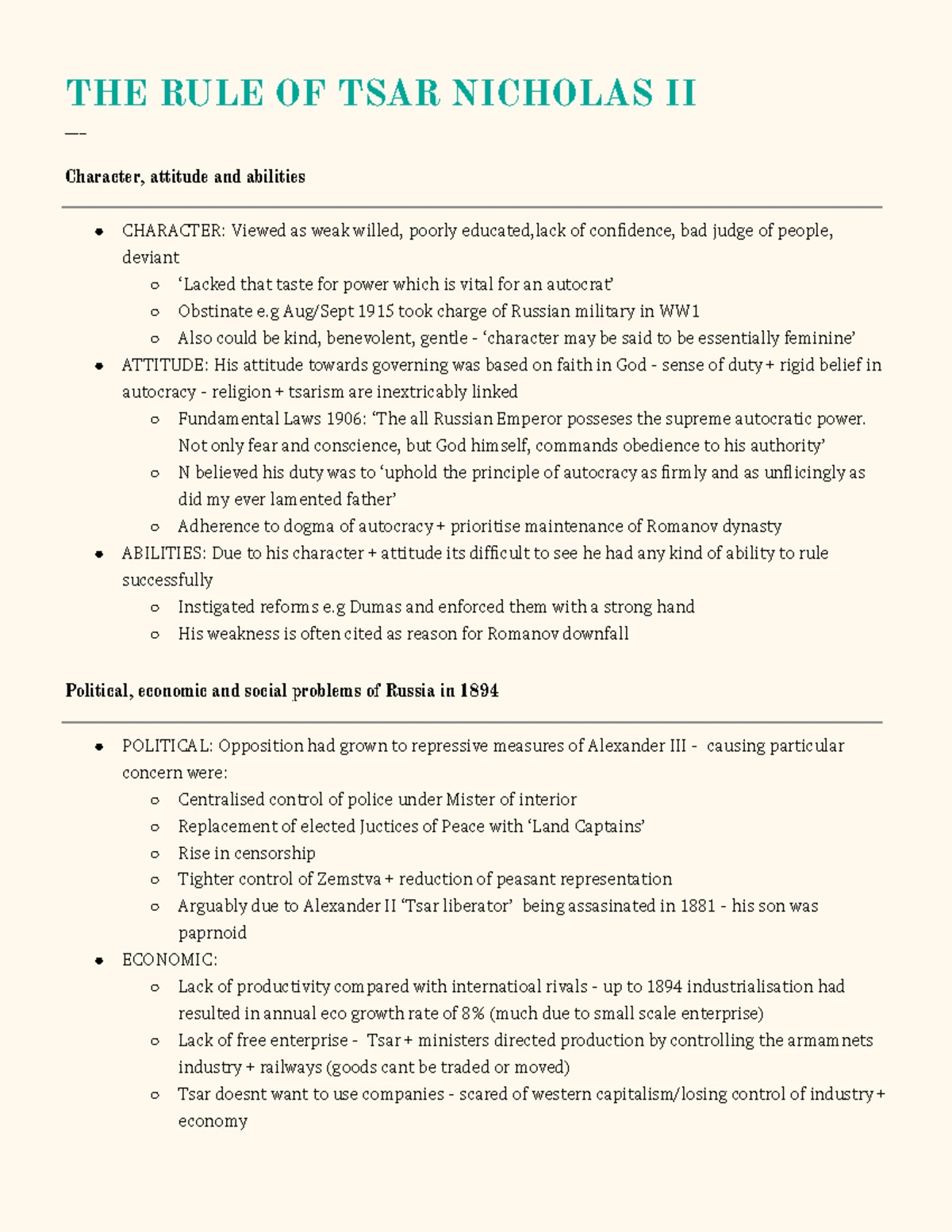 Russia notes - overview of Nicholas and Lenin's rule - Nicolas II ...