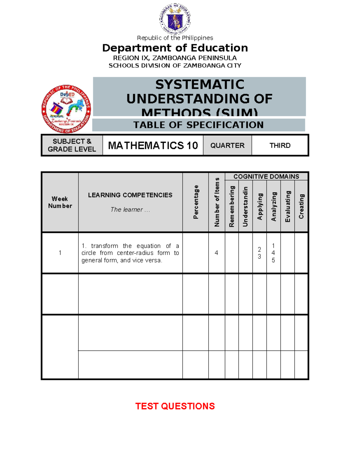 SUM-TOS-G10Q3: Systematic Understanding of Methods in Math - Studocu