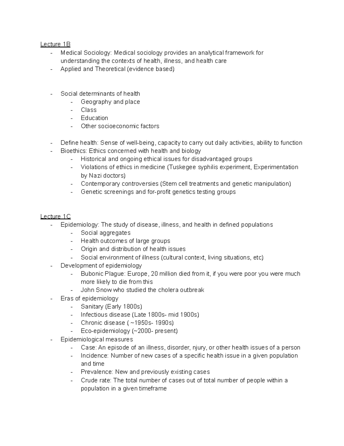 Lecture 1 Notes - Sociology of health - Lecture 1B - Medical Sociology ...