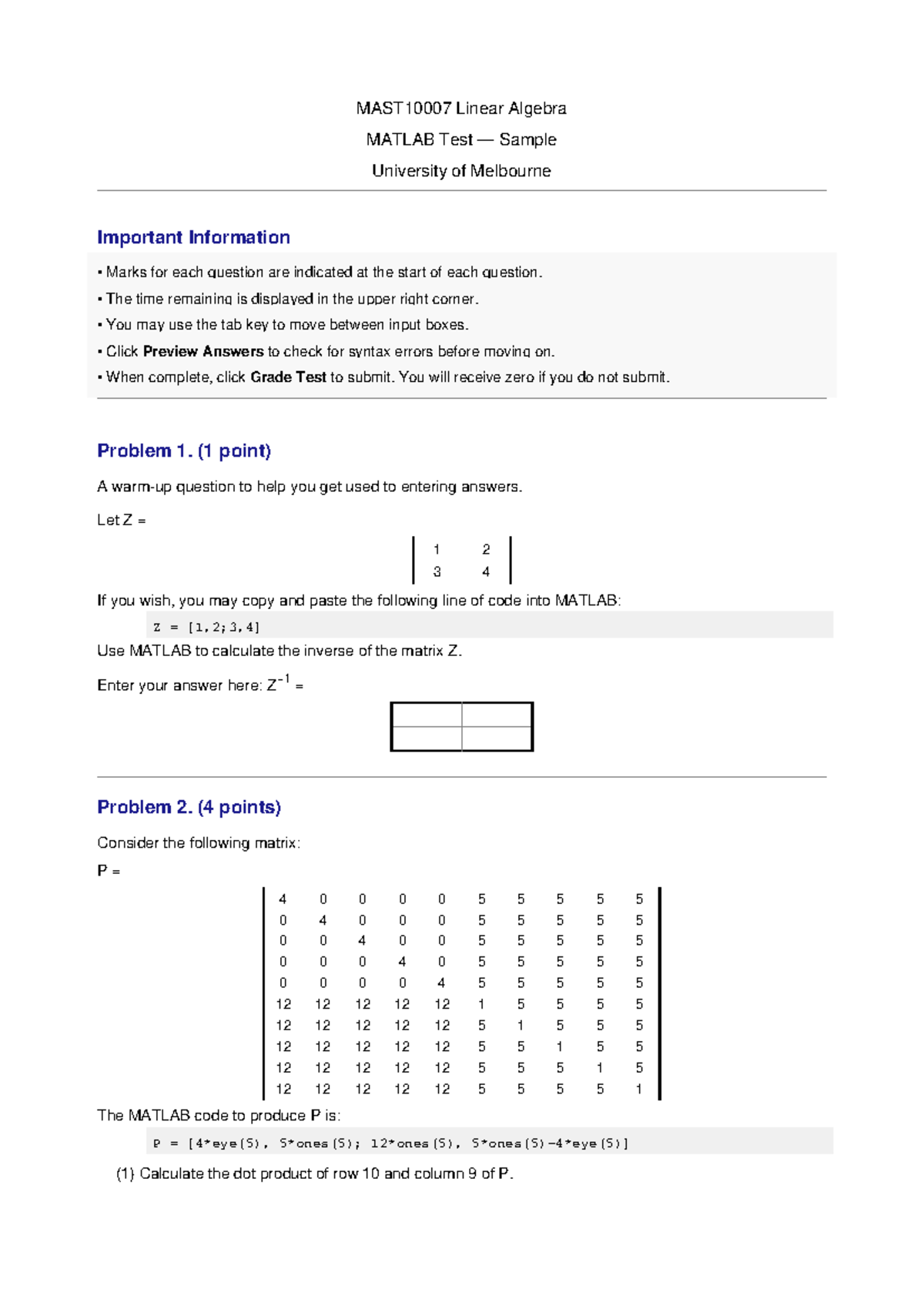 Linear Algebra MATLAB Test Sample (MATH101) - Important Info - Studocu