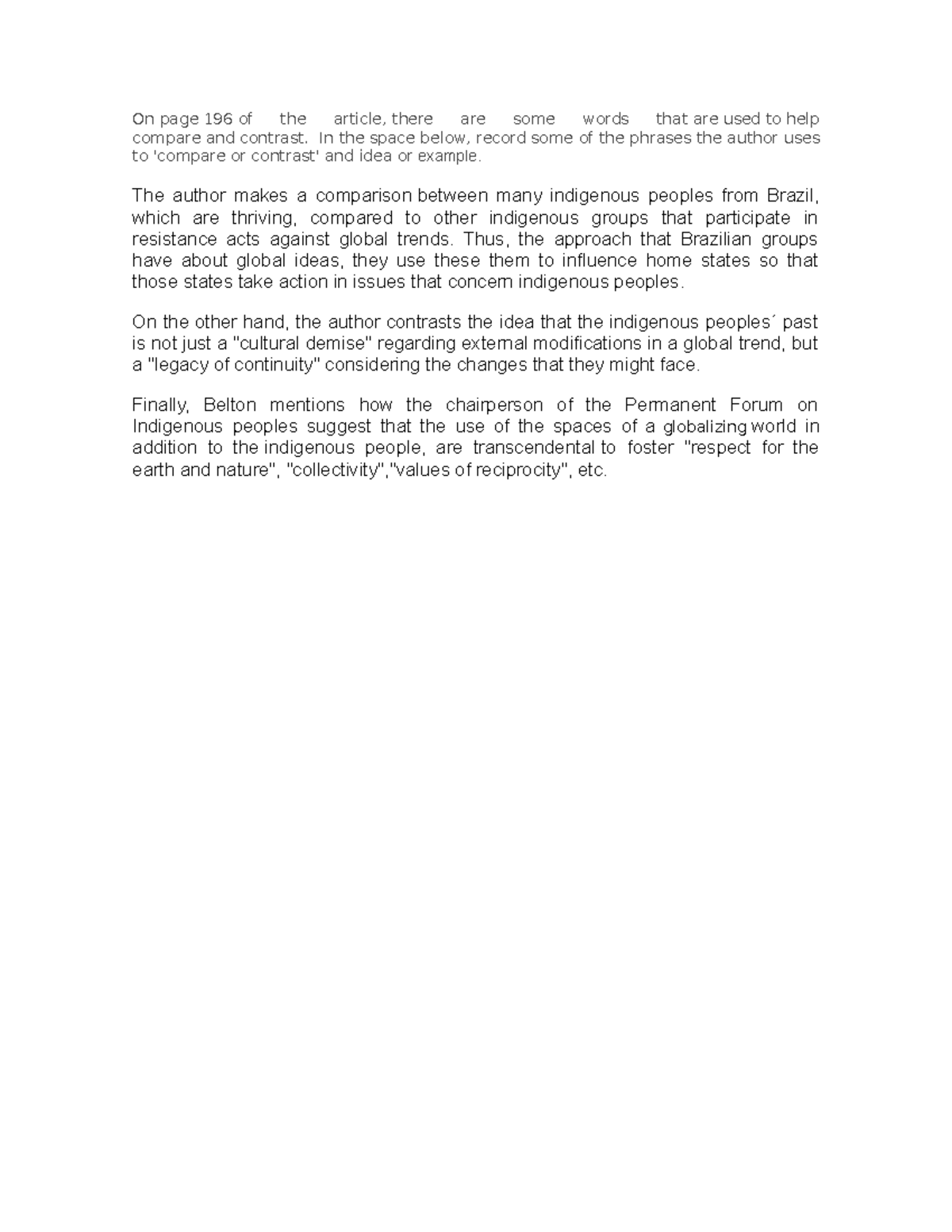 Belton Quiz - Comparing Indigenous Peoples and Global Trends - Studocu