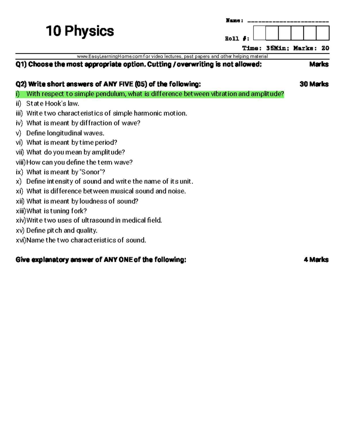 10 Physics - Quiz on Waves and Sound Concepts - Studocu