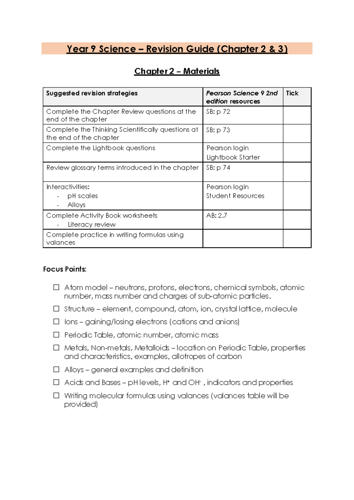 Study Guide Chapter 2 and 3 - Year 9 Science – Revision Guide (Chapter ...