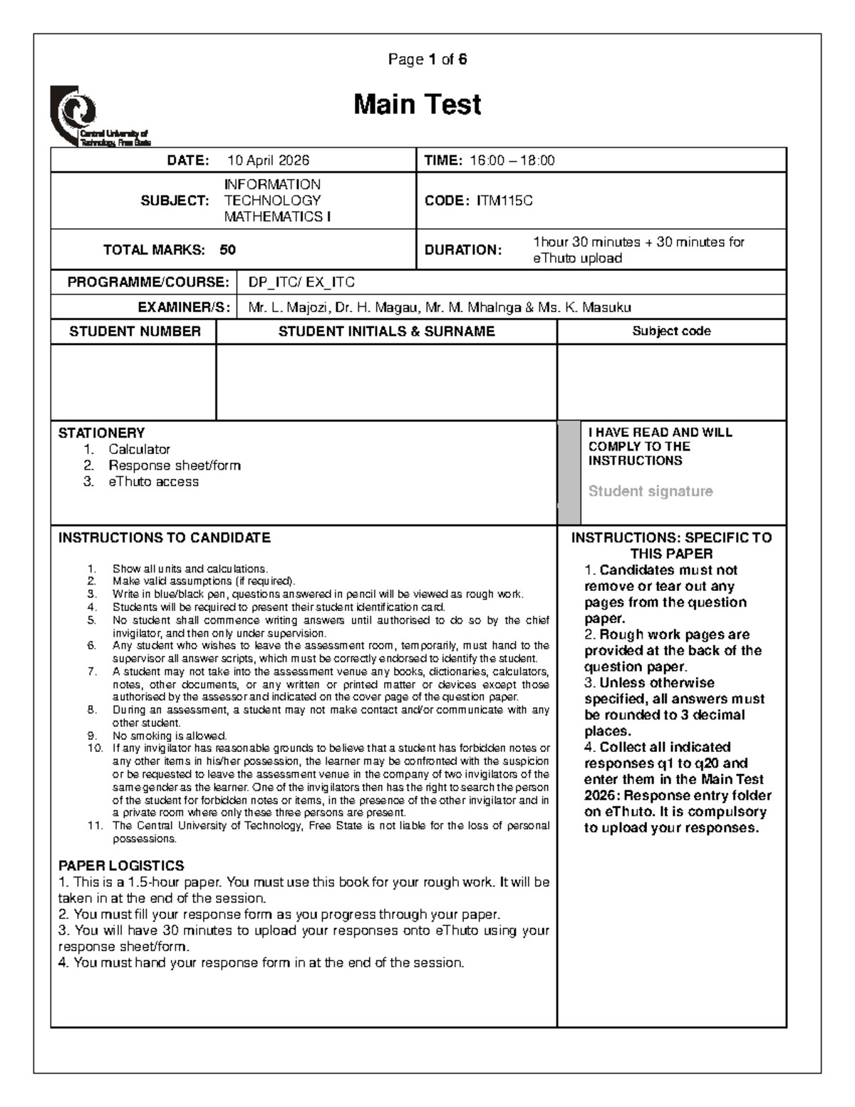 Main Test ITM115C: Information Technology Mathematics I 2026 - Studocu