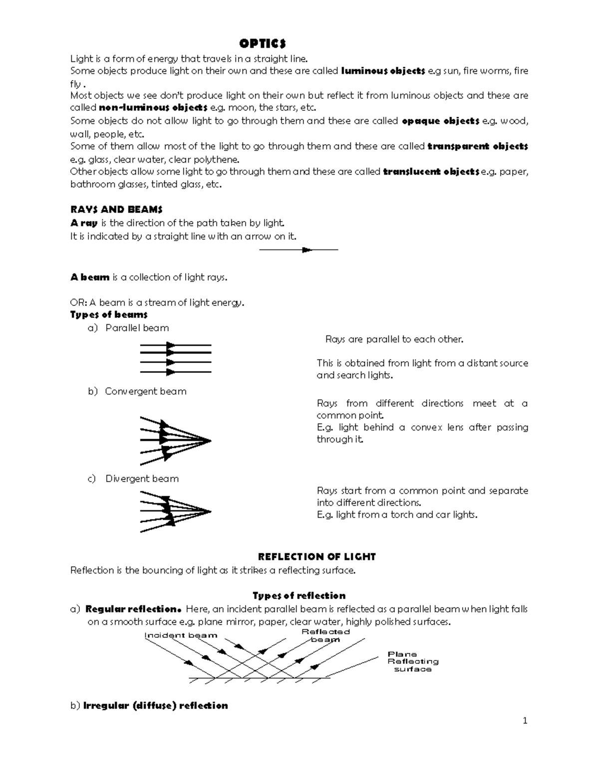 Optics - First Semester Notes on Light and Reflection - Studocu