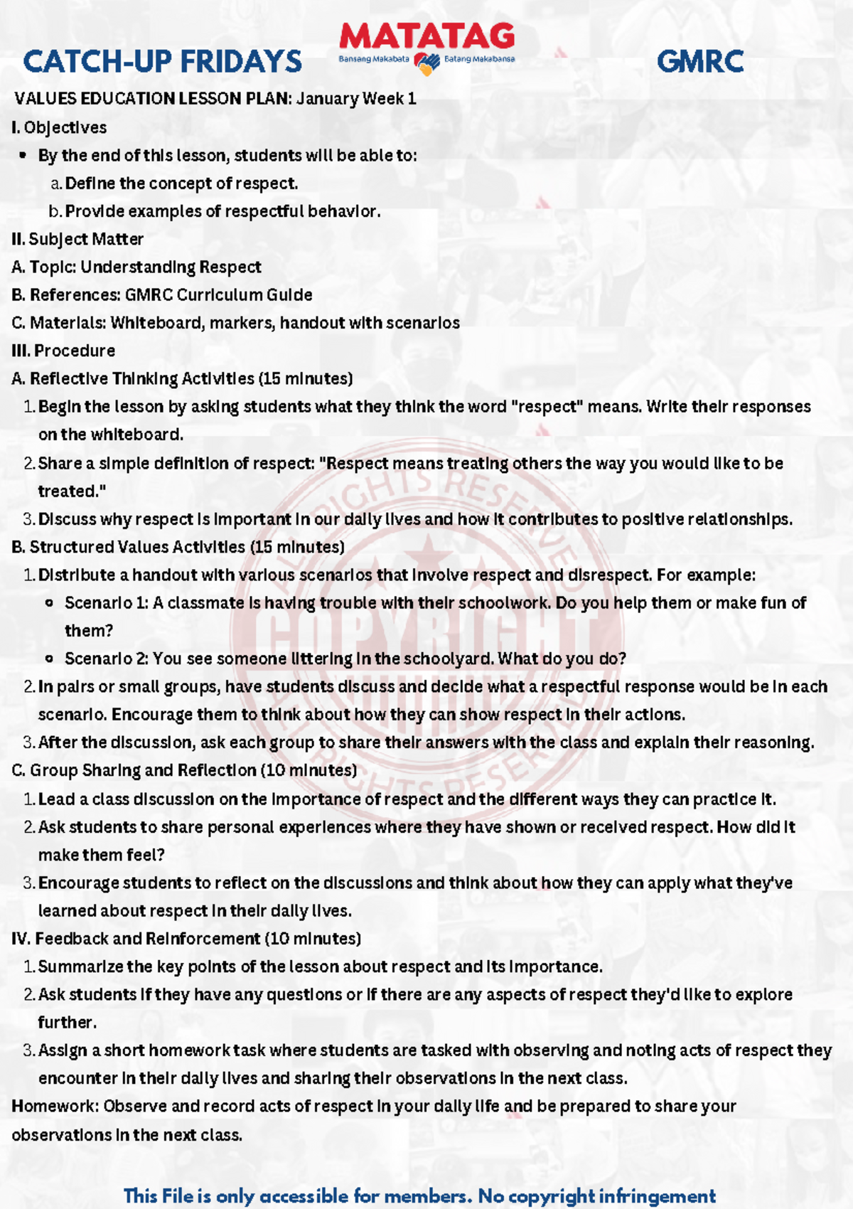 GMRC Grade 4 Values Education Lesson Plans: January to March Overview ...