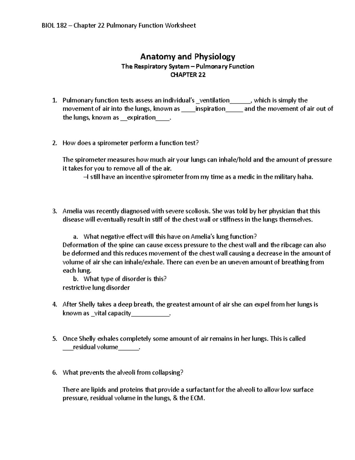 Chapter 22 Pulmonary Function - BIOL 182 – Chapter 22 Pulmonary ...