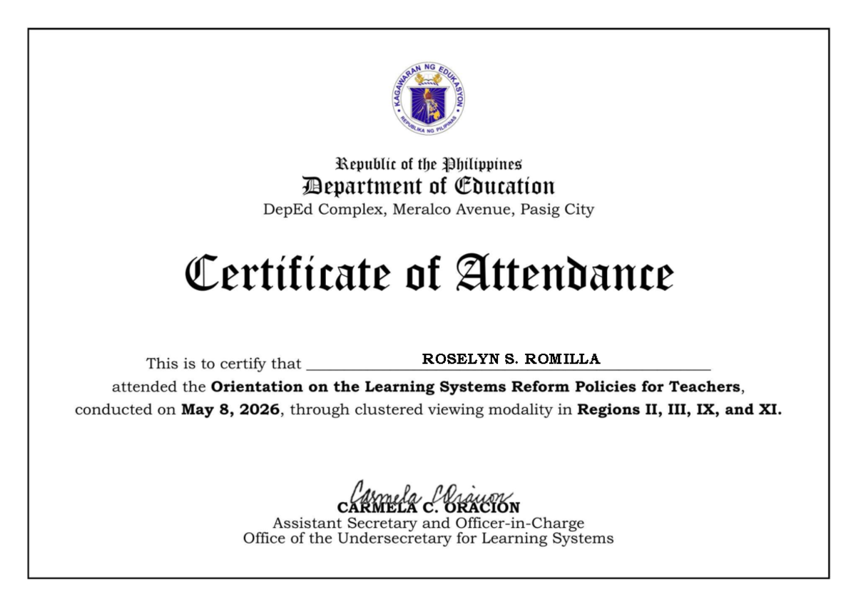 Certificate of Attendance: Learning Systems Reform Orientation - Studocu