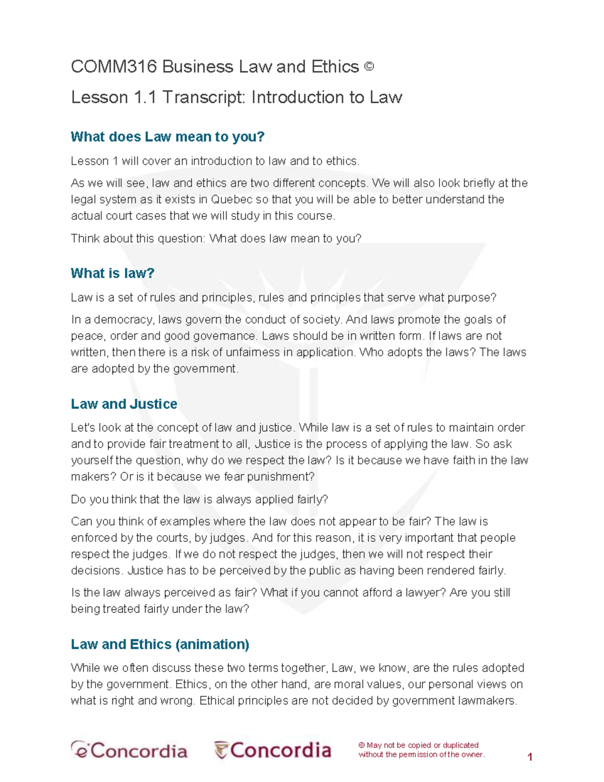 COMM316 Business Law and Ethics Lesson 1: Introduction to Law and ...
