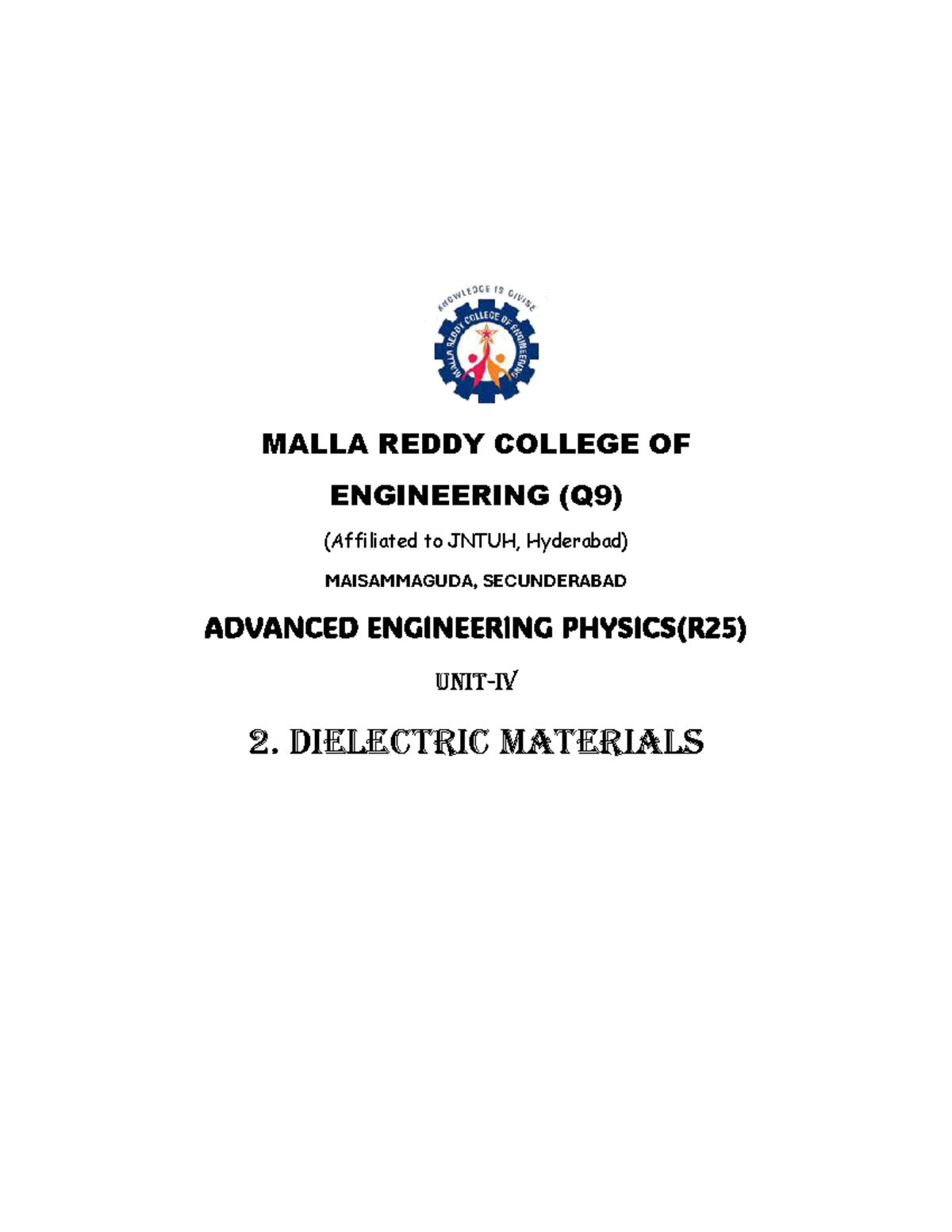 Unit-IV (ii). Dielectric Materials (R25) - Applied Physics - MALLA ...