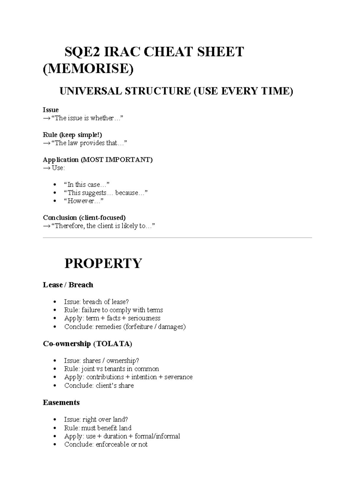 SQE2 IRAC Cheat Sheet: Essential Legal Framework for Exams - Studocu