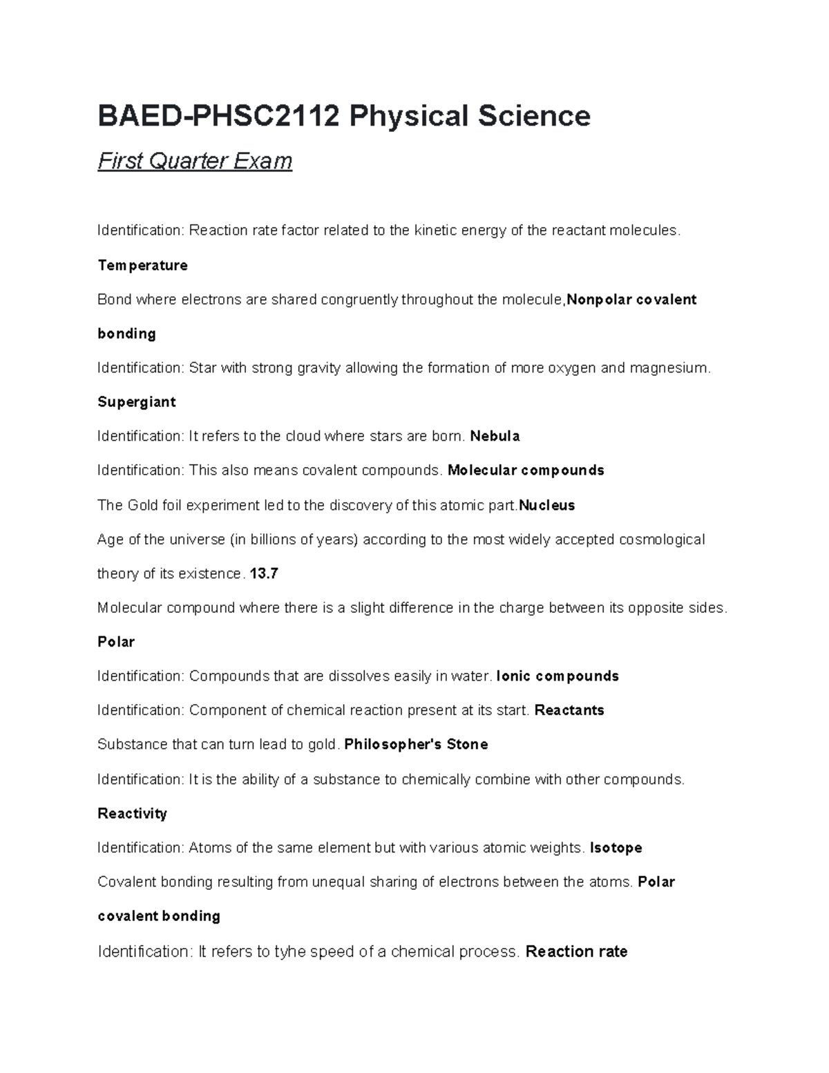 BAED-PHSC2112 Physical Science First Quarter Exam Study Guide - Studocu