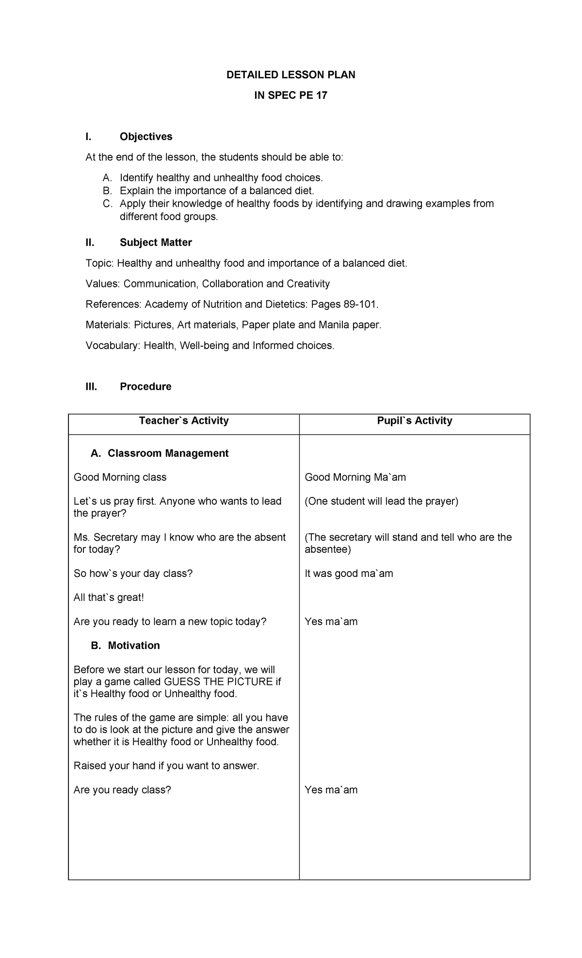 IN SPEC PE 17: Detailed Lesson Plan on Healthy vs. Unhealthy Foods ...