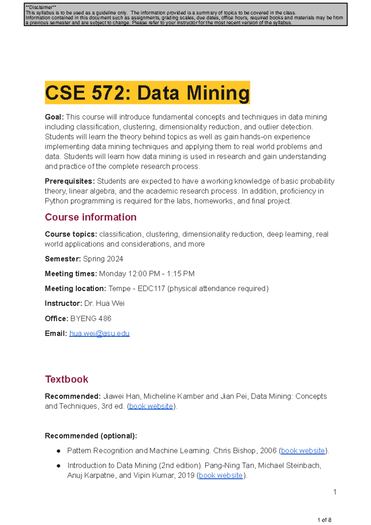 CSE 572 Data Mining Syllabus - Spring 2024 by Dr. Hua Wei - Studocu