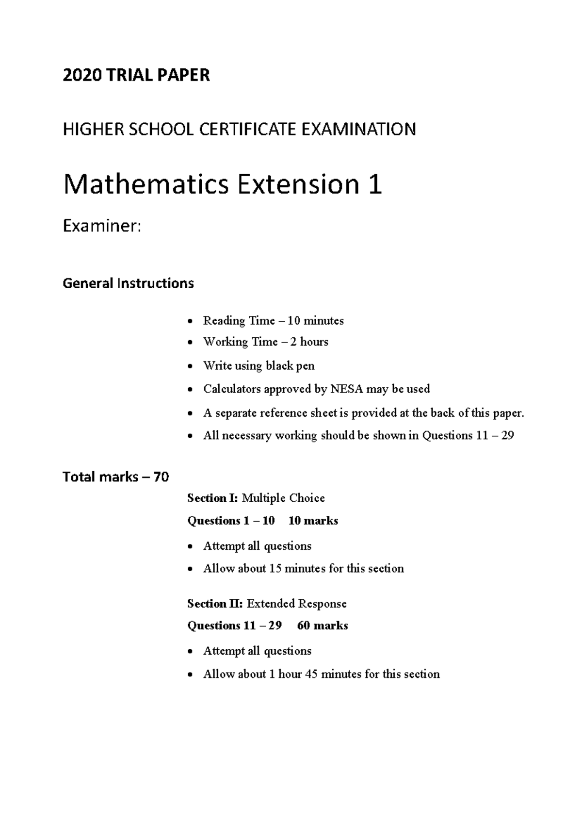 2020 HSC Mathematics Extension 1 Trial Paper - Studocu