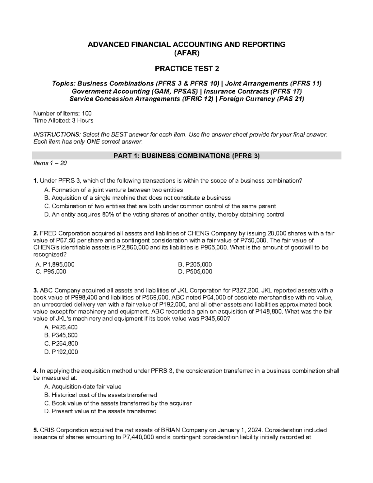 AFAR Practice Test 2: Business Combinations, Government Accounting ...