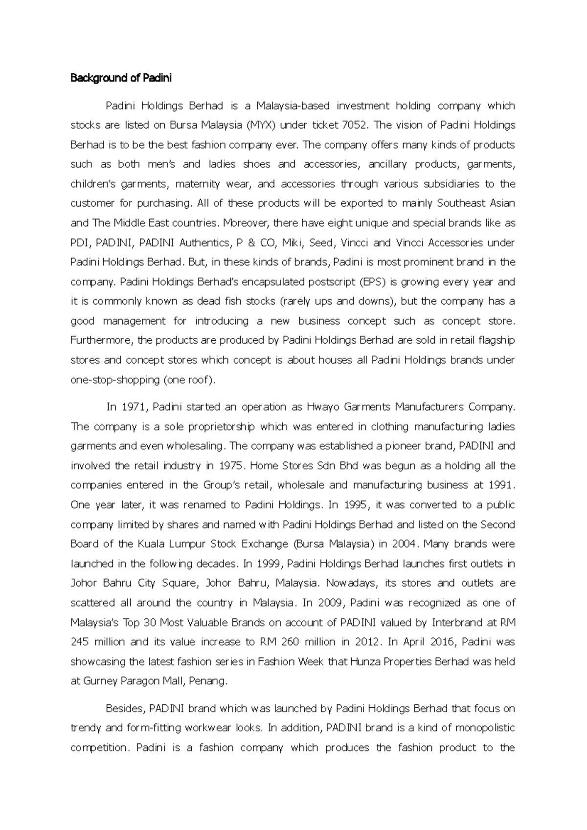 Padini Holdings Berhad: A Comprehensive Background Analysis - Studocu