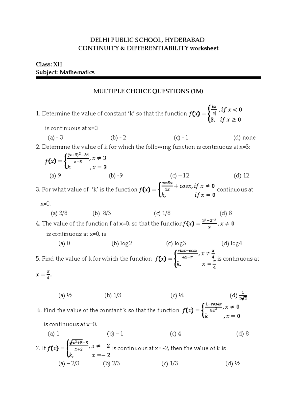 Mathematics Class XII: Continuity & Differentiability MCQ Worksheet - Studocu