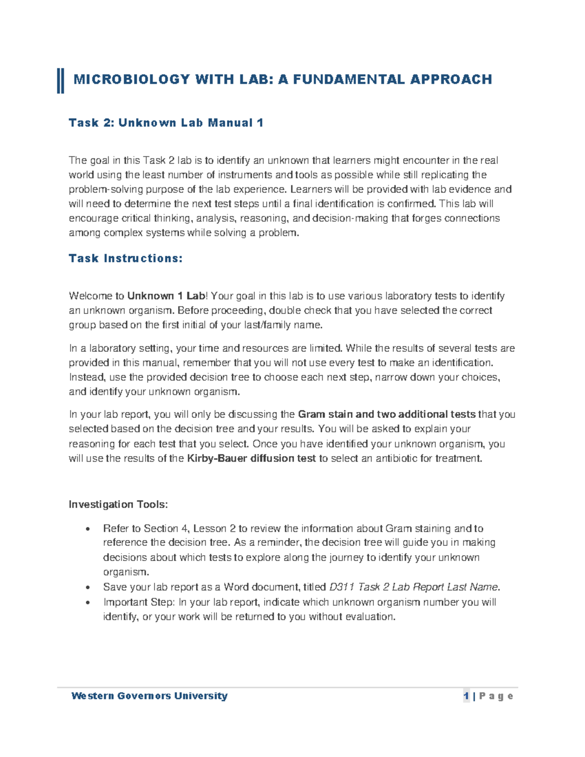 D311: Task 2 Unknown Lab Manual for Microbiology with Lab - Studocu