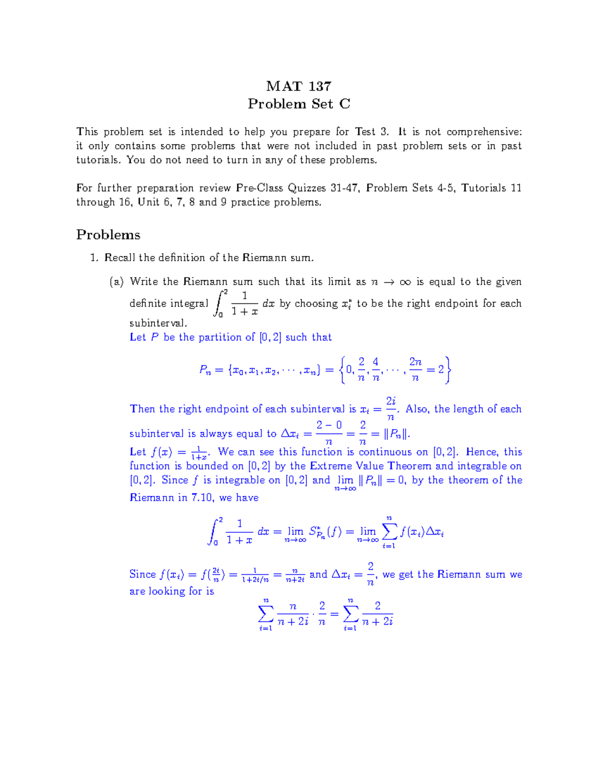 MAT 137 Problem Set C: Preparation for Test 3 - Studocu