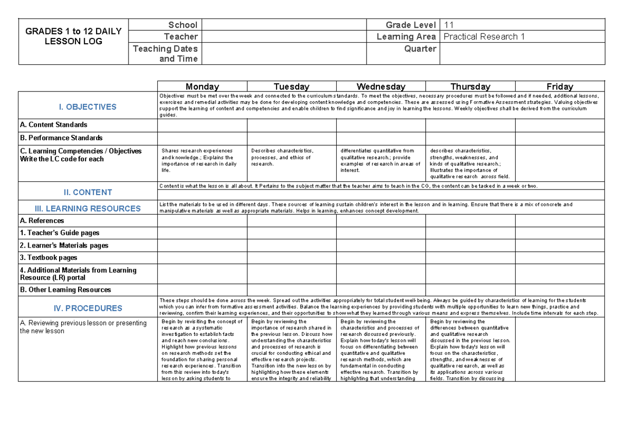 Daily lesson log - RESEARCH - GRADES 1 to 12 DAILY LESSON LOG School ...